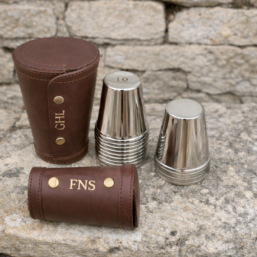 Personalised 4oz Stacking Steel Stirrup Cups In Leather Case (4 or 1-1 ...