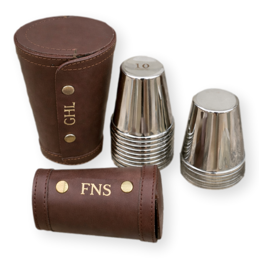Personalised 4oz Stacking Steel Stirrup Cups In Leather Case (4 or 1-1 ...